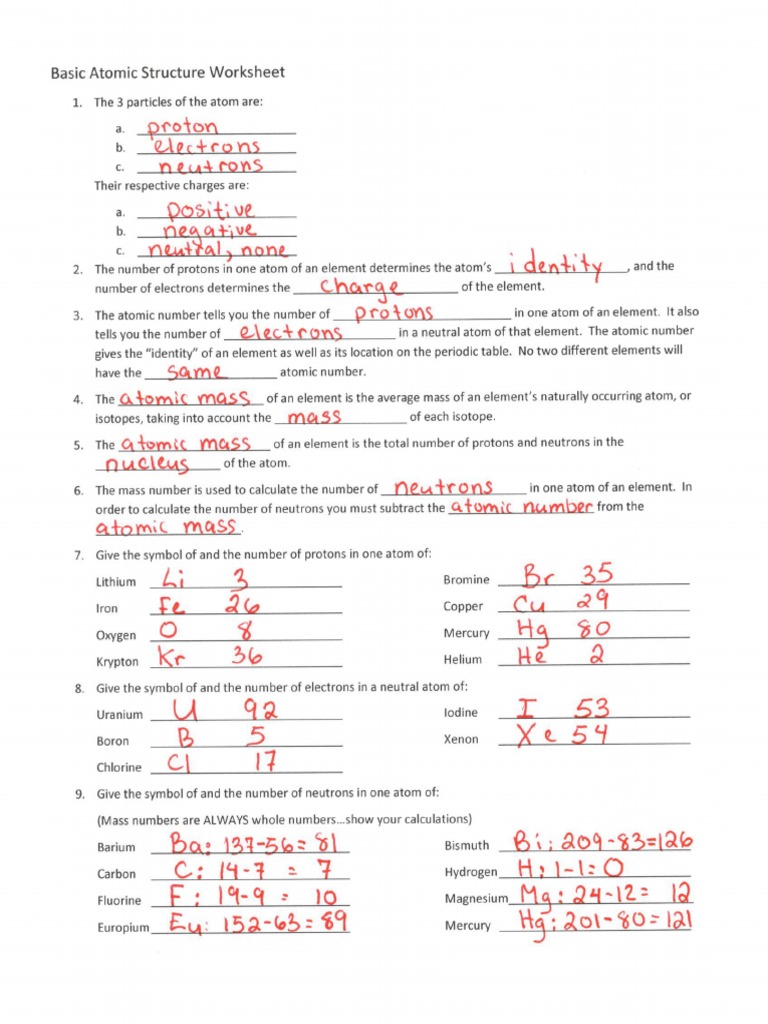Basic Atomic Structure Worksheet Key 1 | PDF