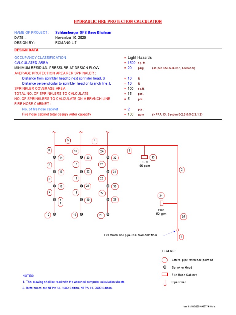 NFPA Calc Sheet | PDF | Fire Sprinkler System | Hydraulics