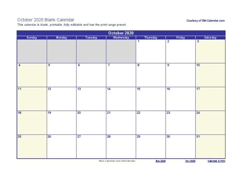 October 2020 Calendar | PDF