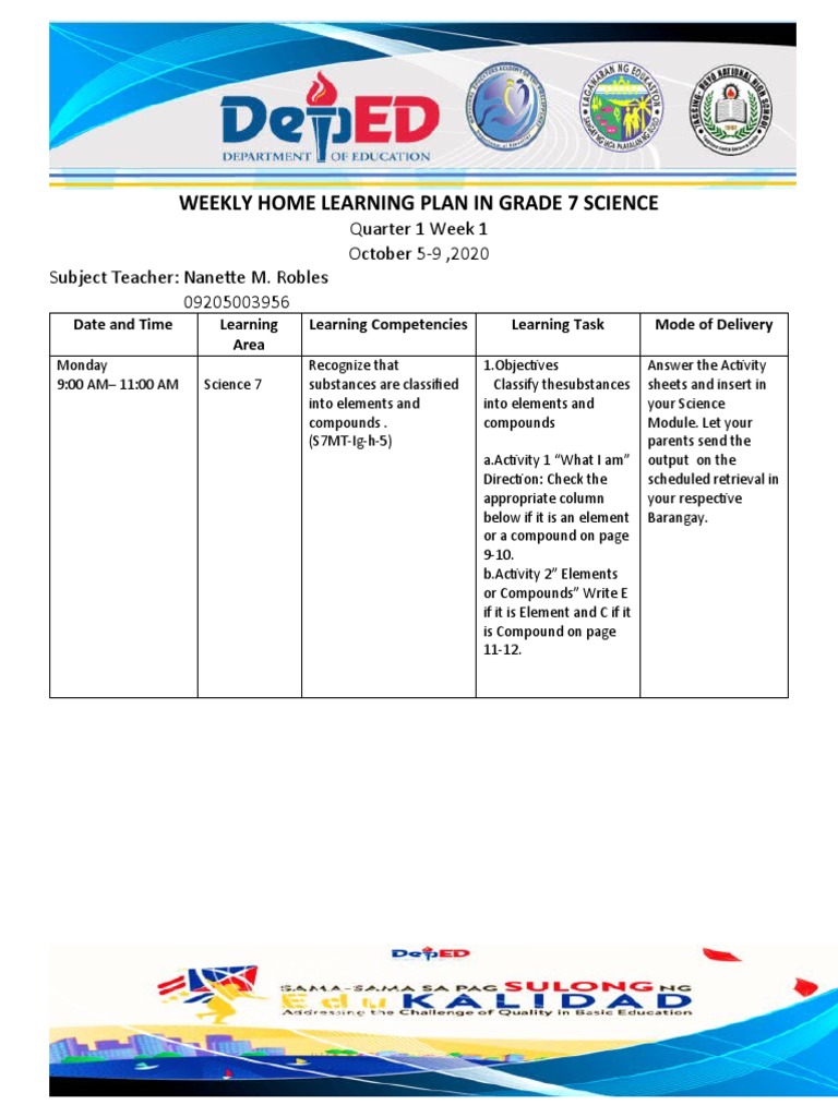 Weekly Home Learning Plan in Grade 7 Science | PDF