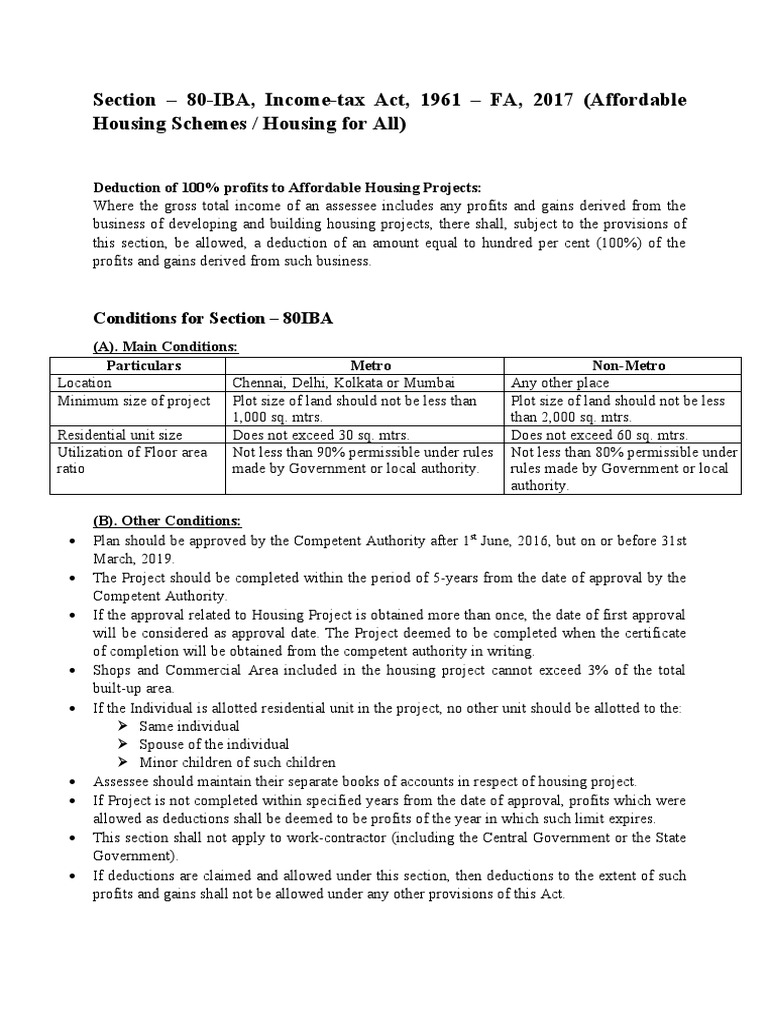 Section - 80-IBA, Income-Tax Act, 1961 - FA, 2017 (Affordable Housing ...