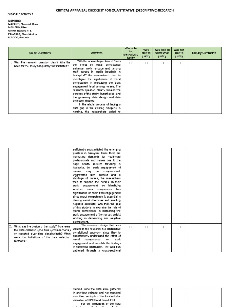 Critical Appraisal Checklist For Quantitative (Descriptive) Research ...