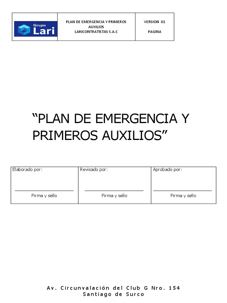 Plan de Emergencia y Primeros Auxilios Lari. | PDF | Herida | Reanimación cardiopulmonar