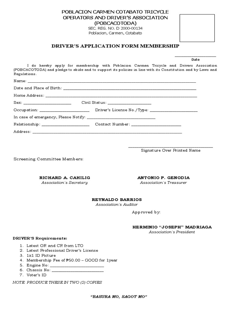 Driver'S Application Form Membership: Poblacion Carmen Cotabato ...