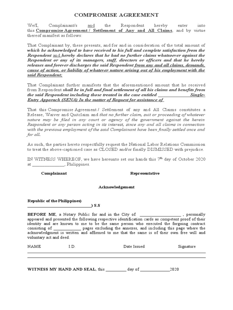 Compromise Agreement: Agreement / Settlement of Any and All Claims, and ...