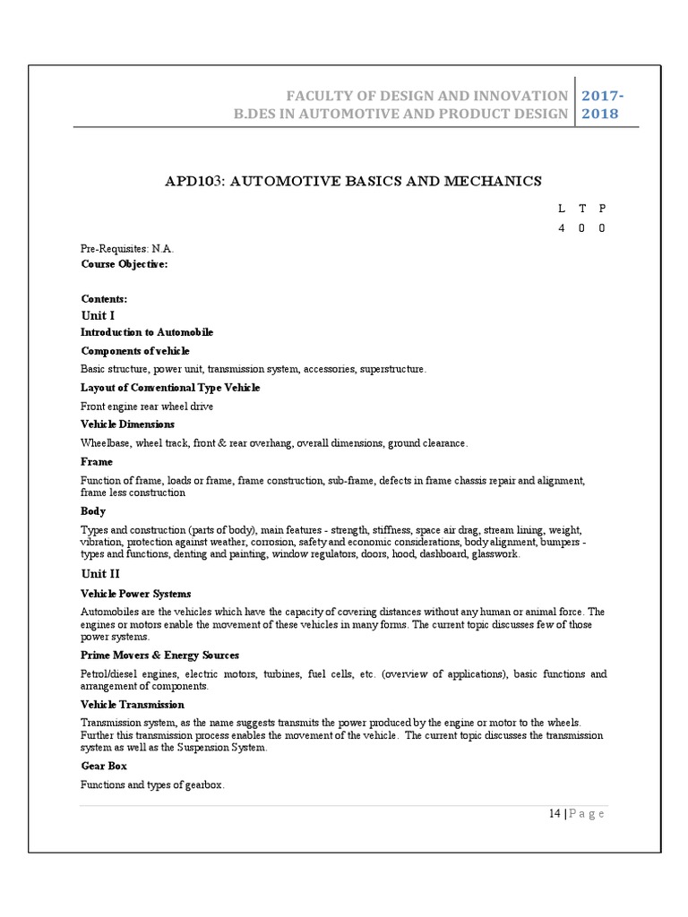 Automotive Basics and Mechanics Syllabus | PDF | Steering ...