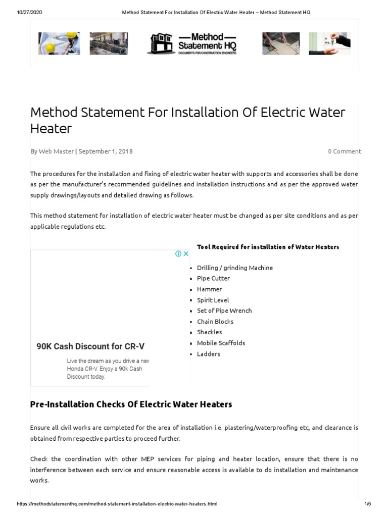 Method Statement For Installation of Electric Water Heater - Method Statement HQ | PDF | Water ...