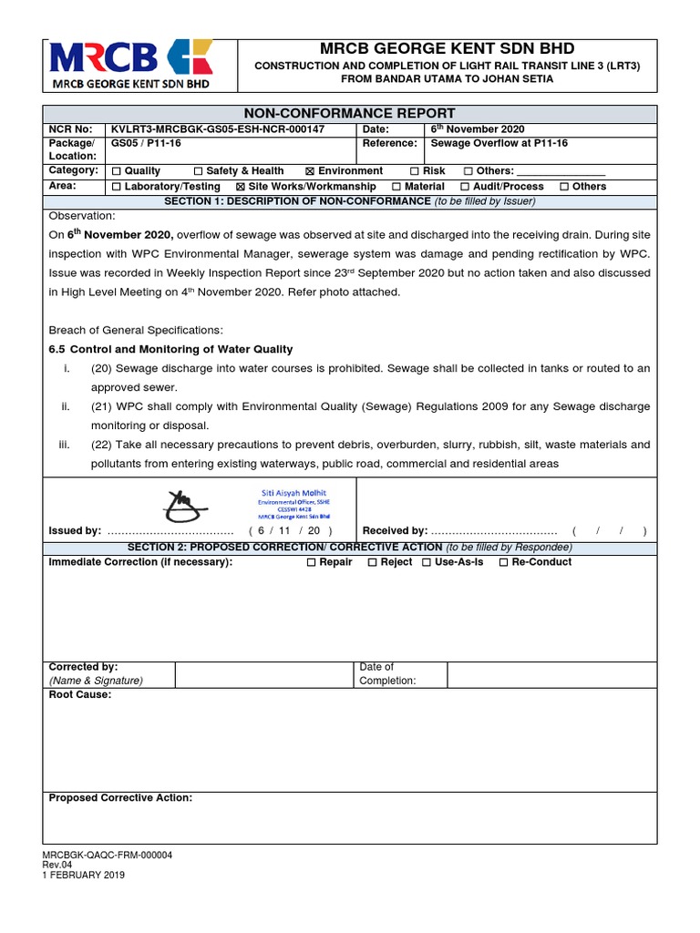 KVLRT3-MRCBGK-GS05-ESH-NCR-000147 - Sewage Overflow at P11-16 | PDF | Sewage | Water Pollution
