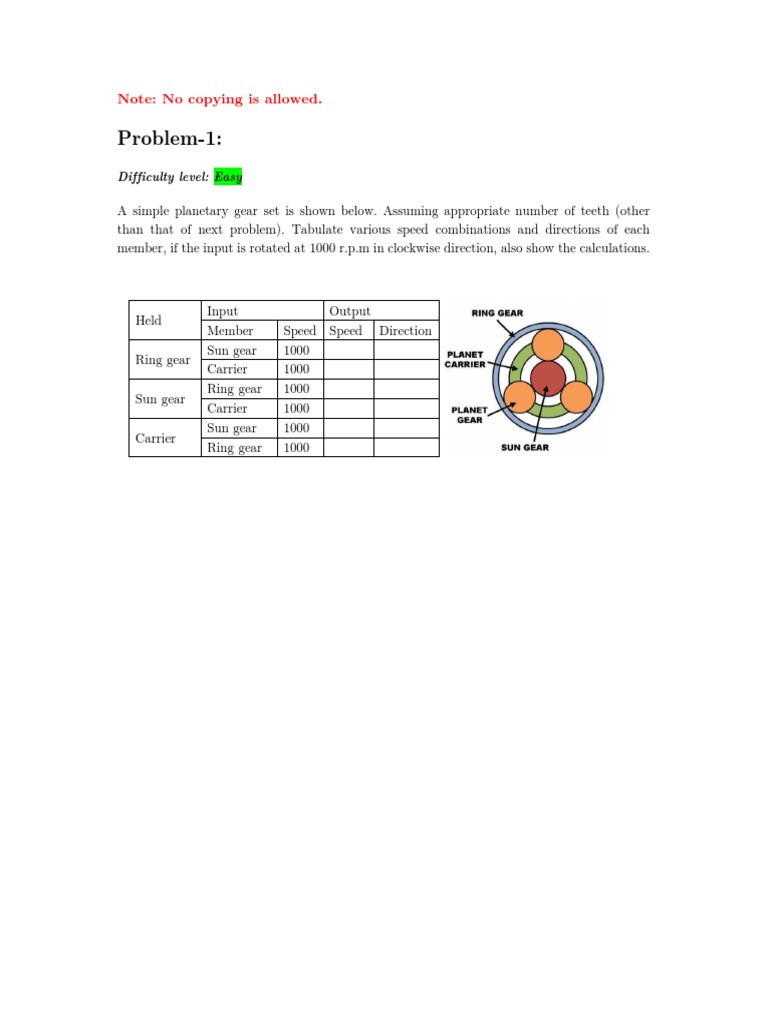 Problem-1:: Difficulty Level: Easy | PDF | Gear | Transmission (Mechanics)