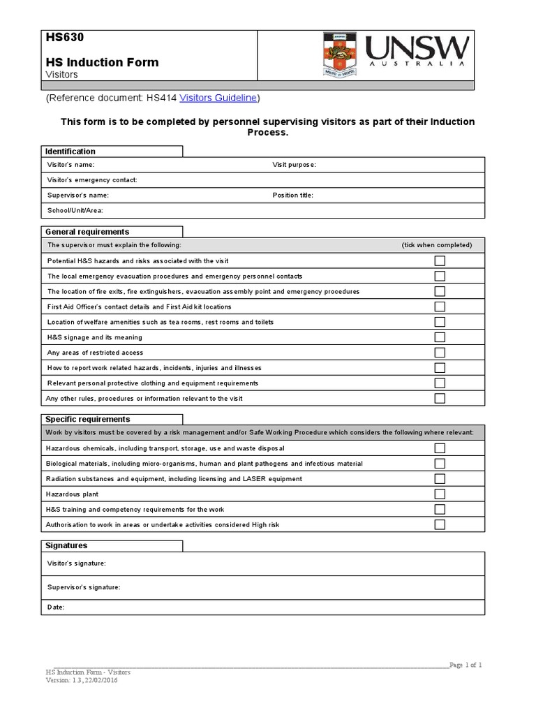 HS630 Induction Form - Visitors | PDF