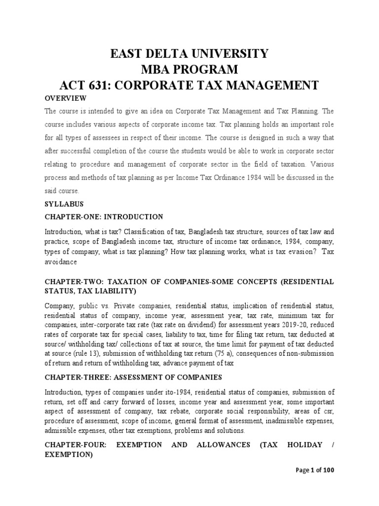 Corporate Tax Management EDU MBA Summer 2020 | PDF | Double Taxation ...