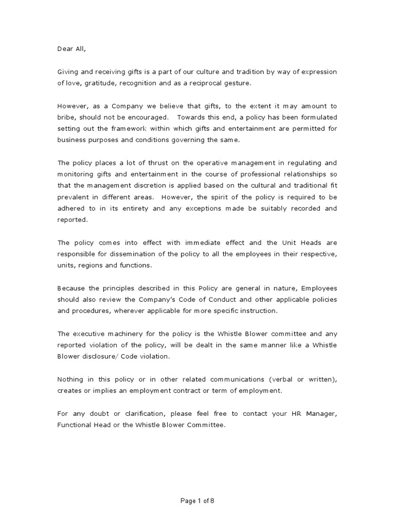 Gifts and Entertainment Policy Overview | PDF | Gift | Whistleblower