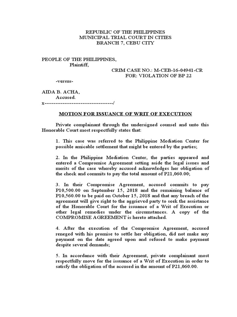 Writ of Execution - Acha | PDF | Virtue | Public Law