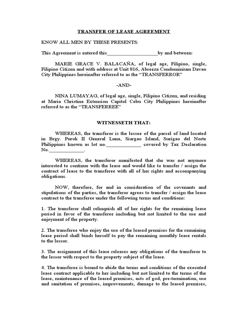 Lease Transfer Agreement Template | PDF | Lease | Real Property Law