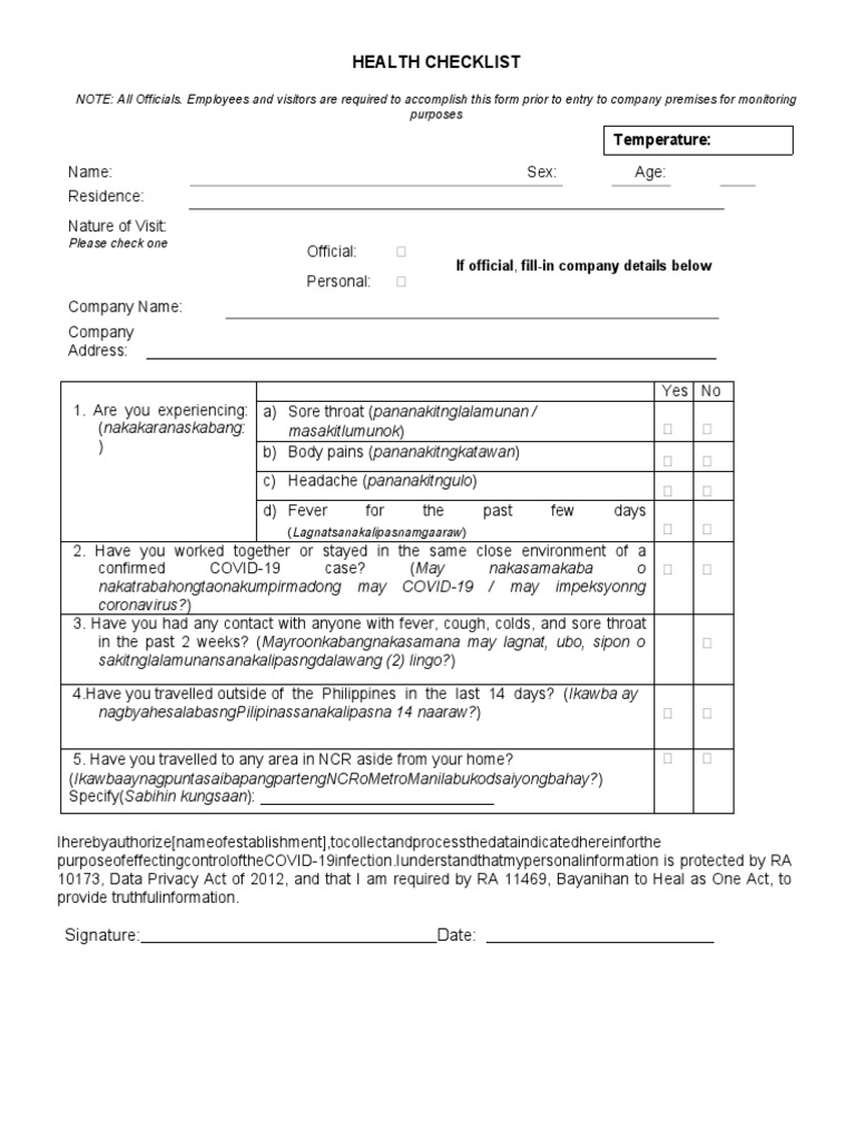 Health Checklist: Masakitlumunok) | PDF | Common Cold | Diseases And ...