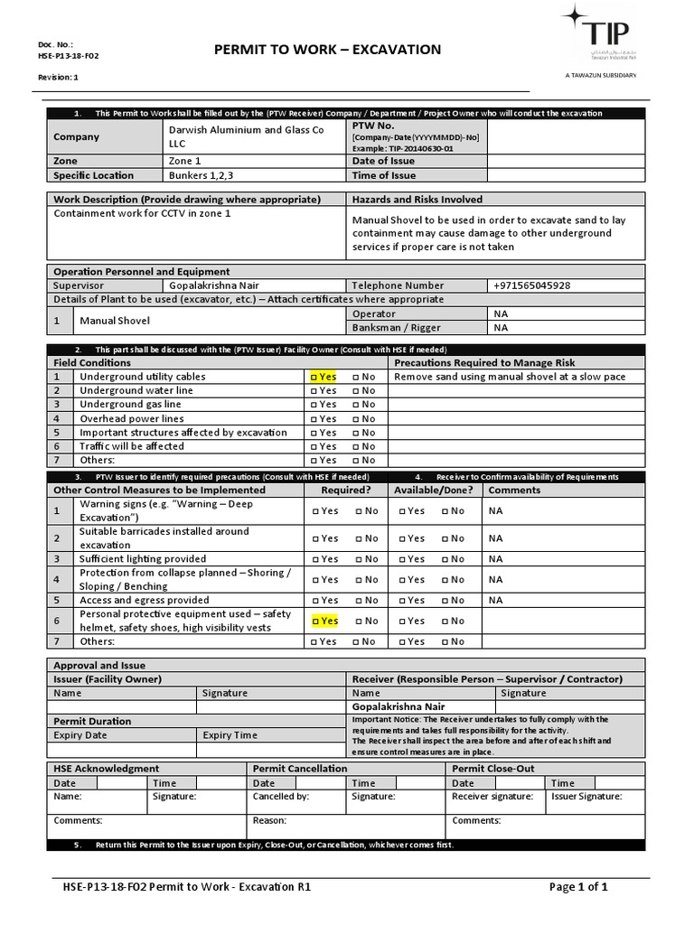 Excavation Permit to Work Form | PDF | Prevention | Safety