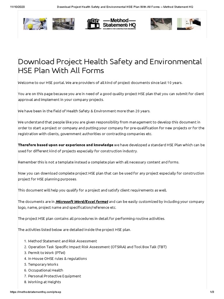 Project Health Safety and Environmental HSE Plan With All Forms ...