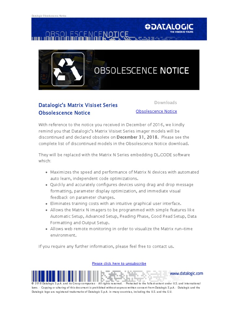 Datalogic's Matrix Visiset Series Obsolescence Notice | PDF
