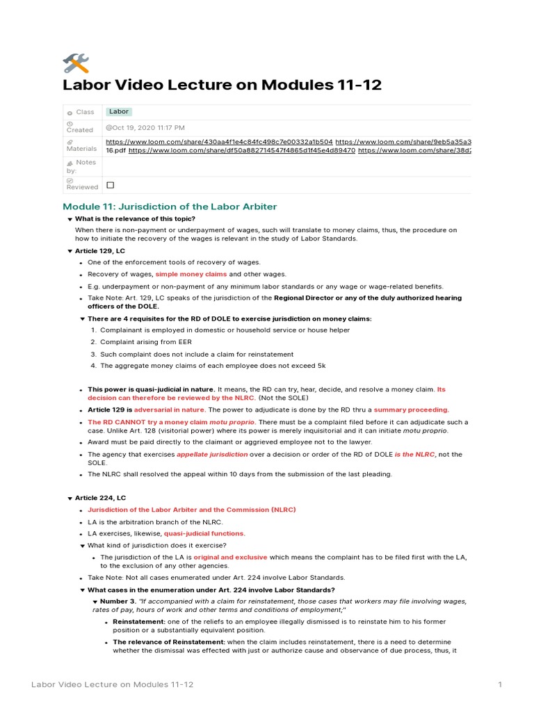 Labor Video Lecture On Modules 11-12: Module 11: Jurisdiction of The ...
