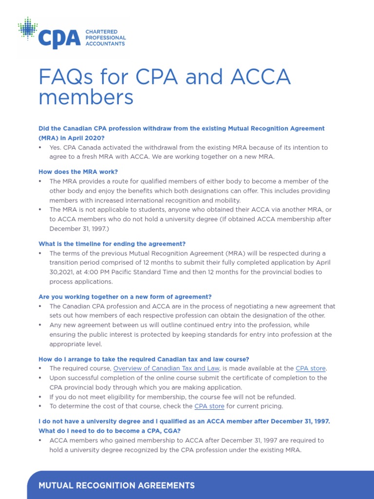 Faqs For Cpa and Acca Members: Mutual Recognition Agreements | PDF ...