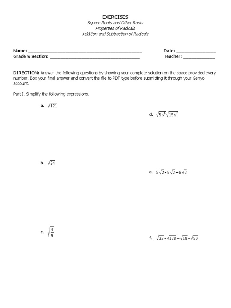 Activity - Square Roots and Other Roots Properties of Radicals | PDF