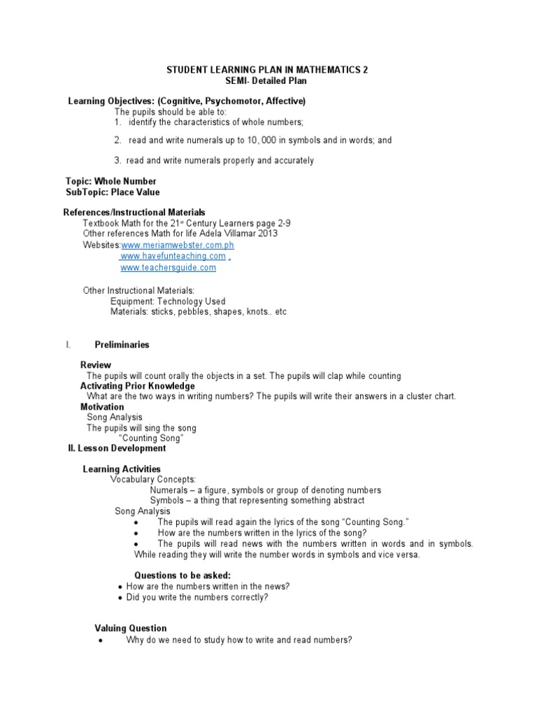Sample Student Learning Plan in Mathematics | PDF | Question | Teaching ...