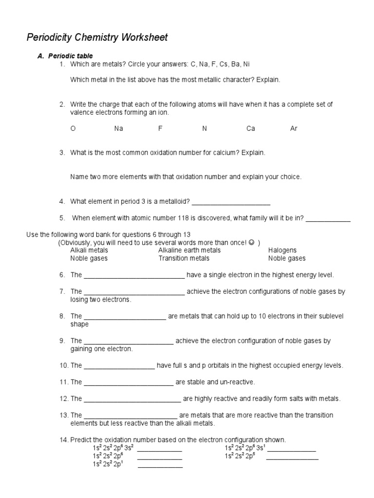 Periodicity Chemistry Worksheet: A. Periodic Table | PDF