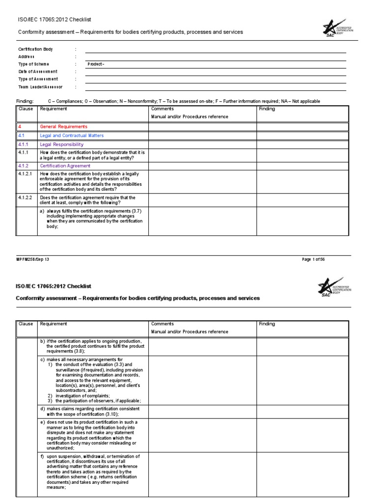 ISO/IEC 17065:2012 Checklist Conformity Assessment - Requirements For ...