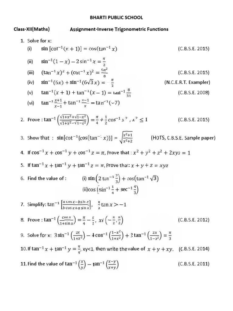 Bharti Public School Class-XII (Maths) Assignment-Inverse Trigonometric ...