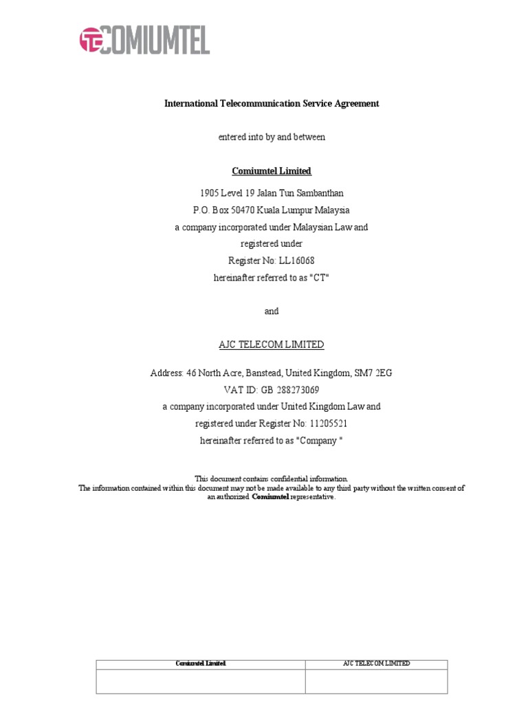 International Telecom Service Agreement | PDF | Indemnity | Bankruptcy