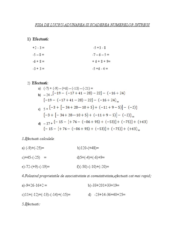 1) Efectuati:: Fisa de Lucru-Adunarea Si Scaderea Numerelor Intregi | PDF