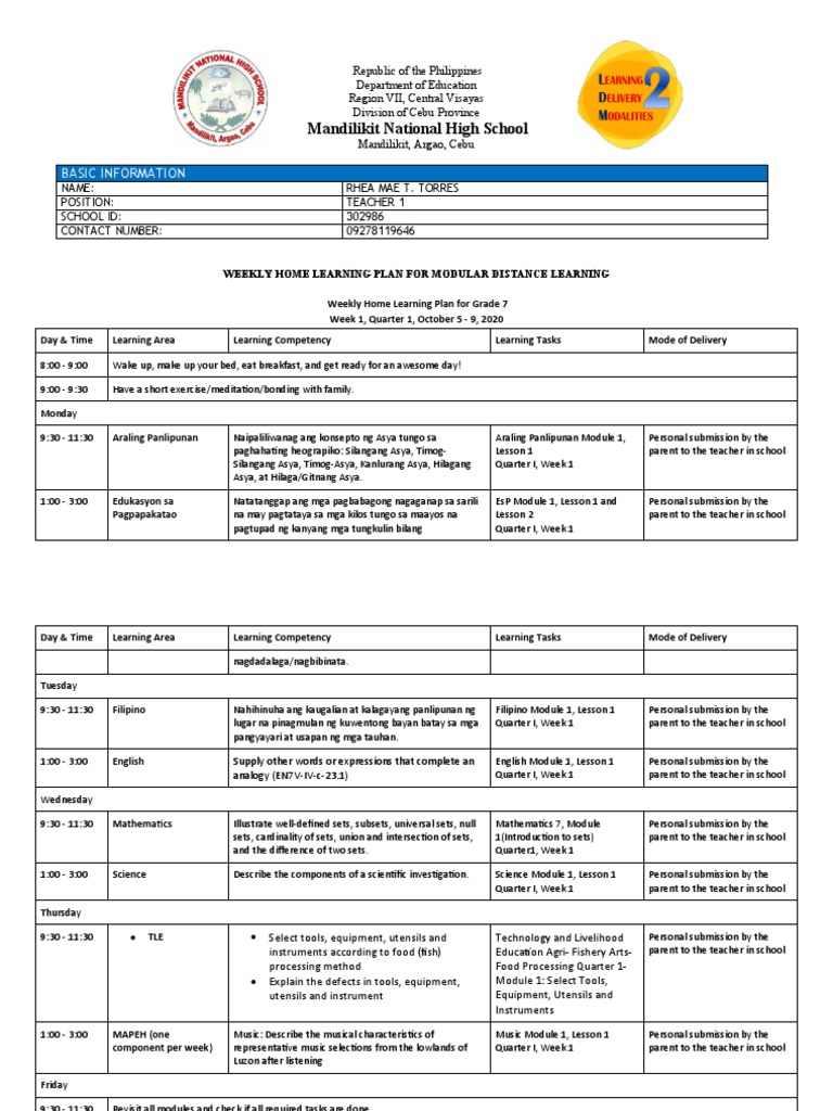 Weekly Home Learning Plan For Grade 7 Week 1 | PDF | Learning | Cognition