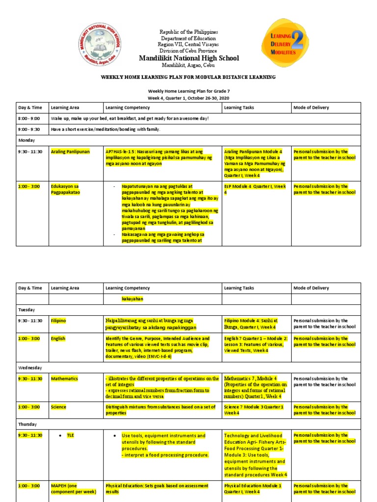Weekly Home Learning Plan For Grade 7 Week 3 | PDF | Rational Number ...