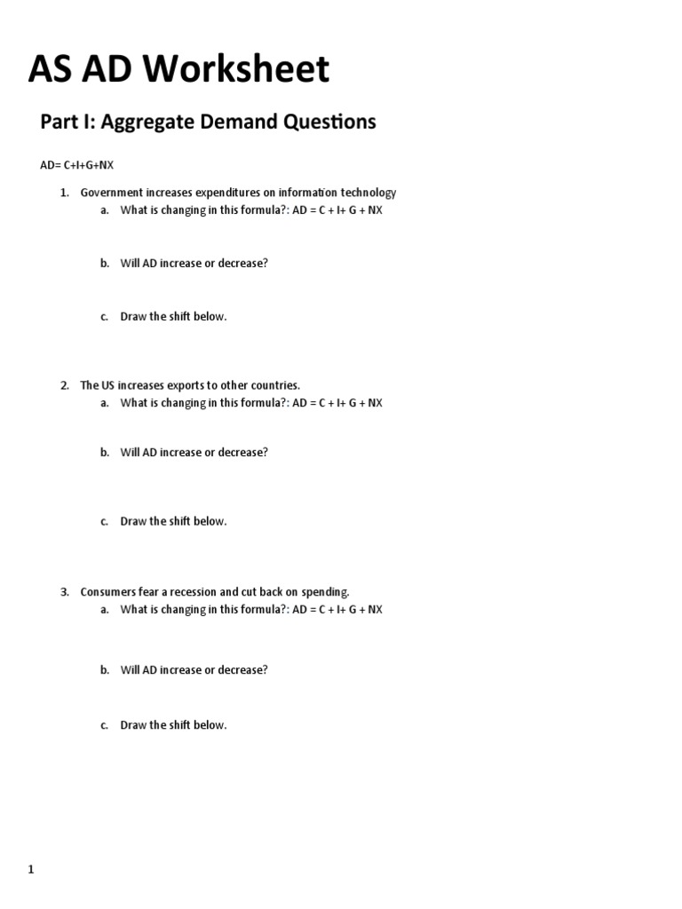 AS AD Worksheet: Part I: Aggregate Demand Questions | PDF | Business ...