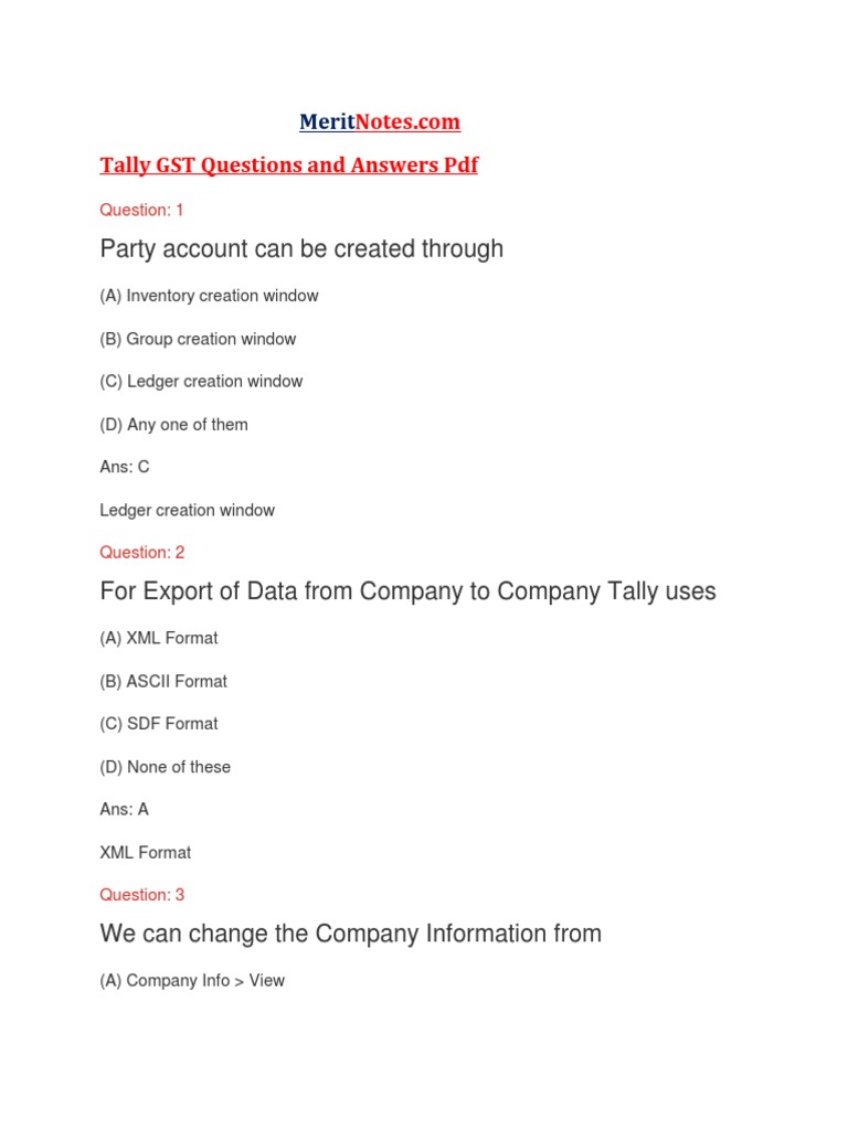 Party Account Can Be Created Through: Tally GST Questions and Answers PDF | PDF