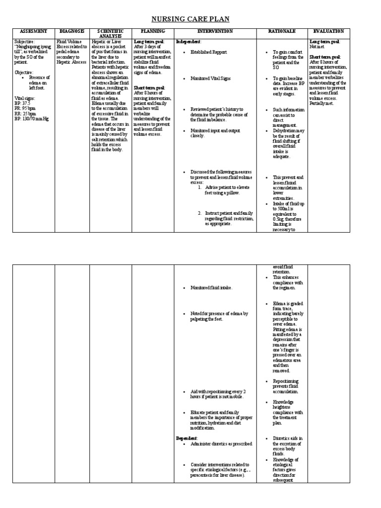 Nursing Care Plan for Fluid Volume Excess | PDF | Edema | Intravenous ...