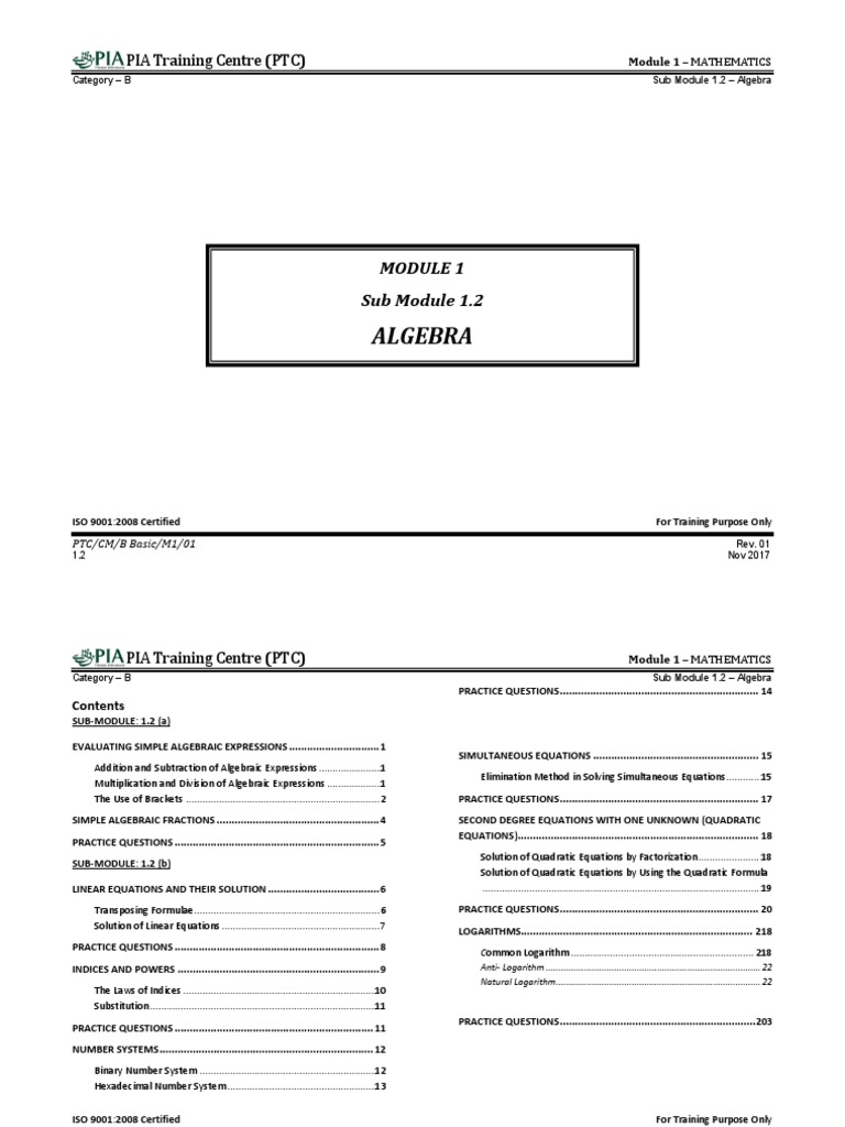 PIA B - Basic - Module 1.2 (MATHS) Algebra Final | PDF | Equations ...
