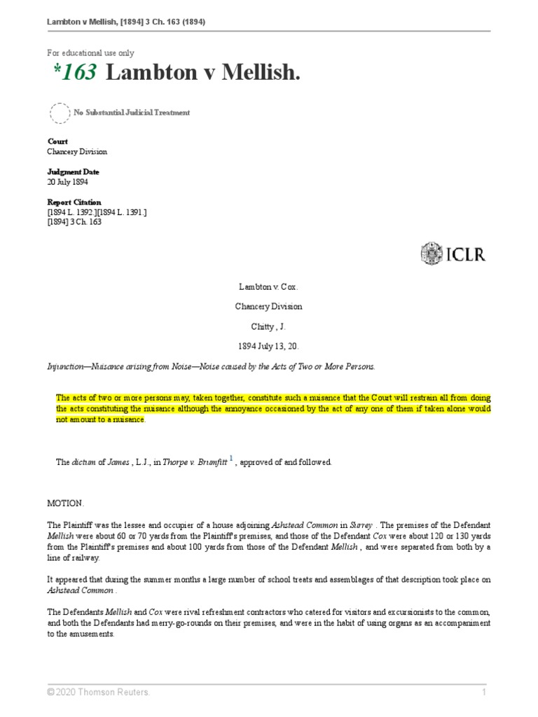 Lambton V Mellish | PDF | Nuisance | Injunction