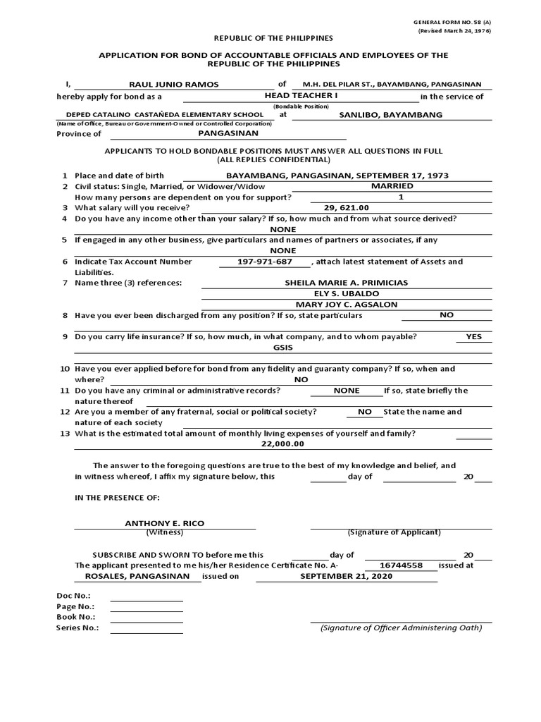 M.H. Del Pilar ST., Bayambang, Pangasinan: General Form No. 58 (A ...