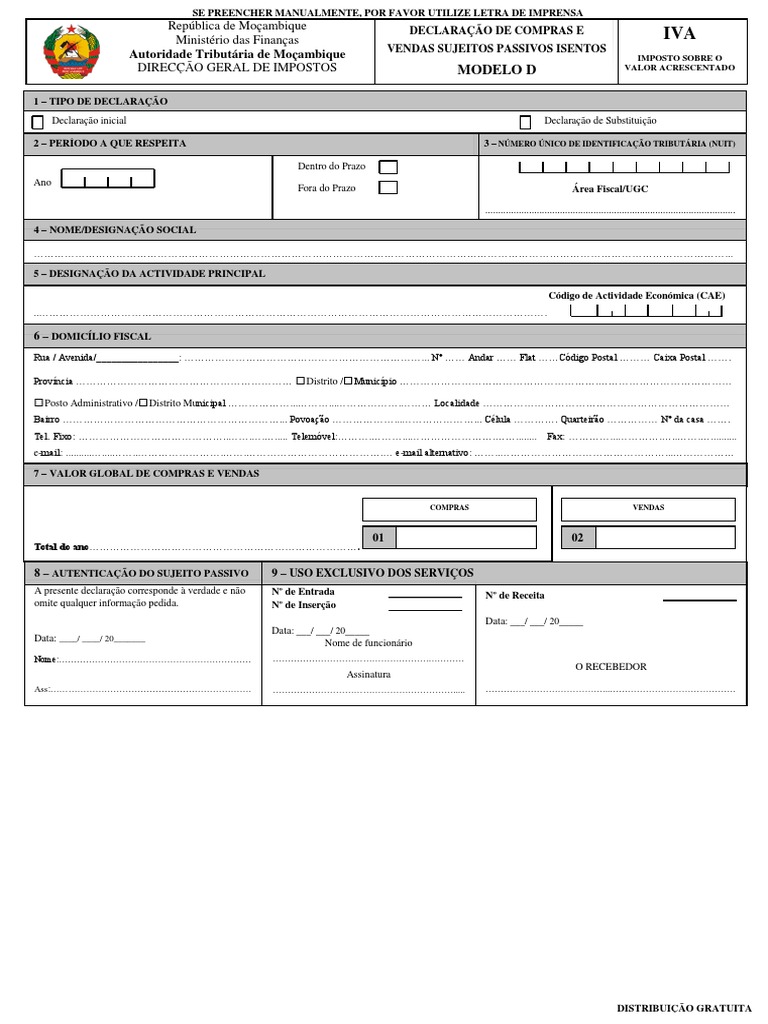Modelo D - IVA - DECLARAÇÃO DE COMPRAS E VENDAS SUJEITOS PASSIVOS ...