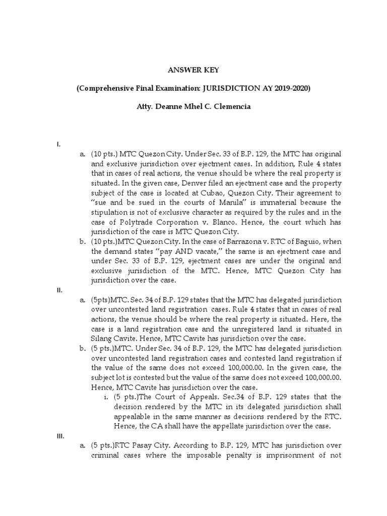 Juris Exam Answer Key | PDF | Supreme Courts | Jurisdiction