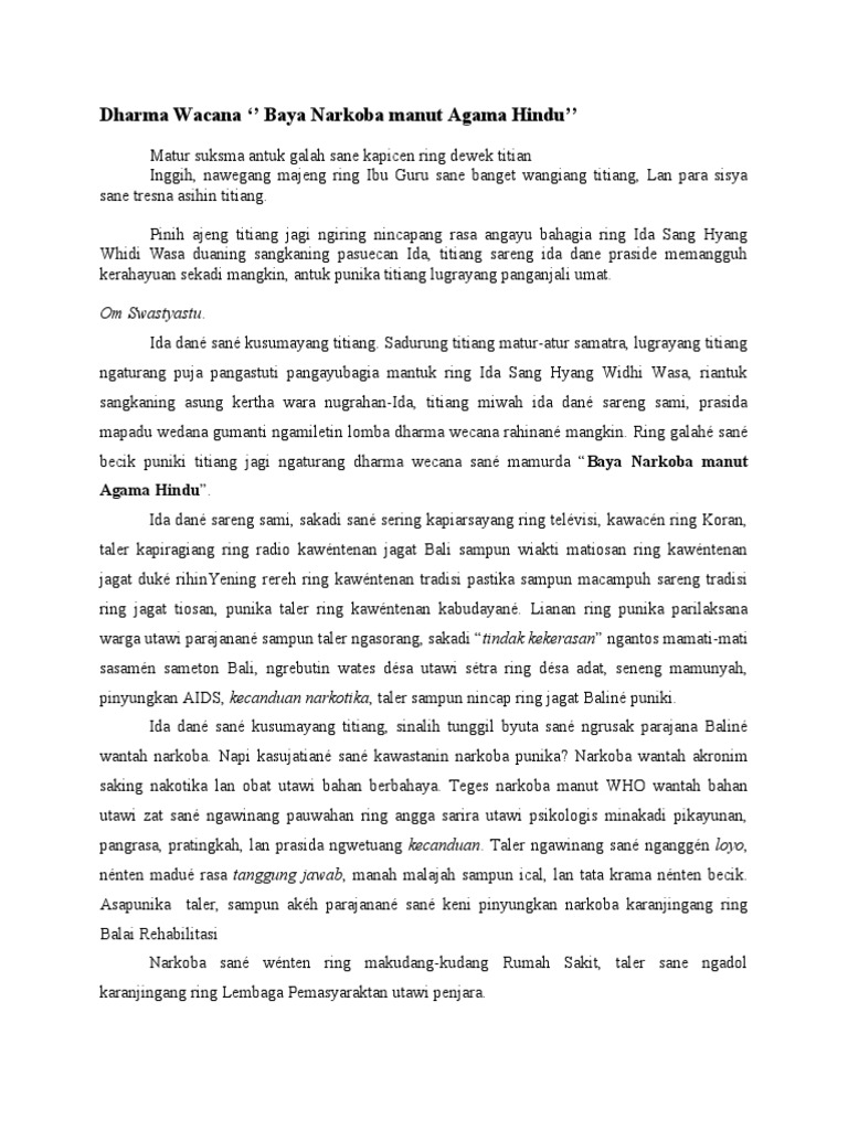 Dharma Wacana '' Baya Narkoba Manut Agama Hindu'' | PDF
