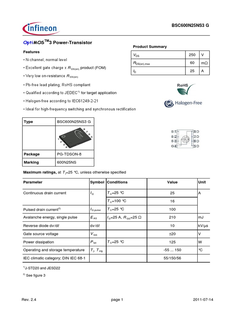 Infineon BSC600N25NS3G - DS v02 - 04 en PDF | PDF | Field Effect Transistor | Diode