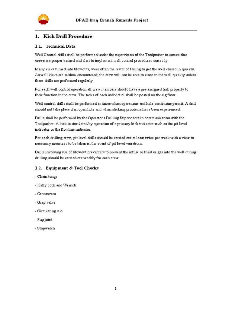 Kick Drill Procedure: DPAB Iraq Branch Rumaila Project | PDF ...