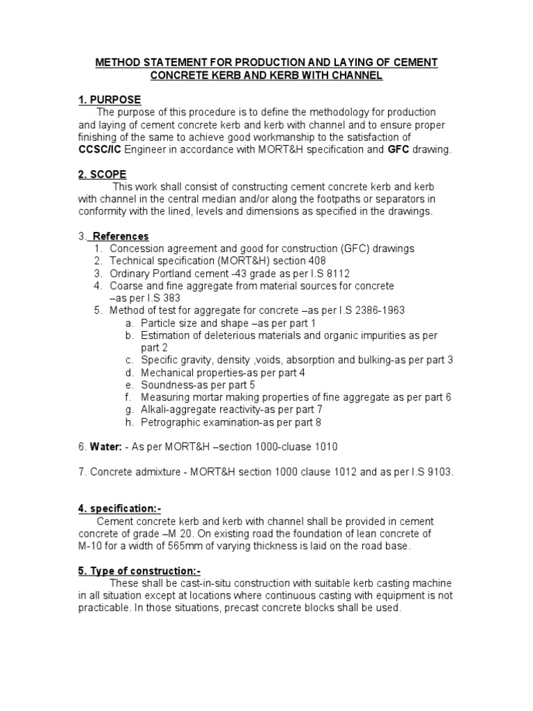 Method Statement For Production and Laying of Cement Concrete Kerb and ...