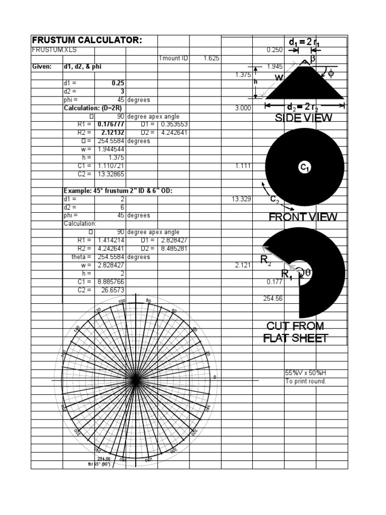 Frustum Calculator:: Given: d1, d2, & Phi 0.25 3 Calculation: (D 2R) H ...