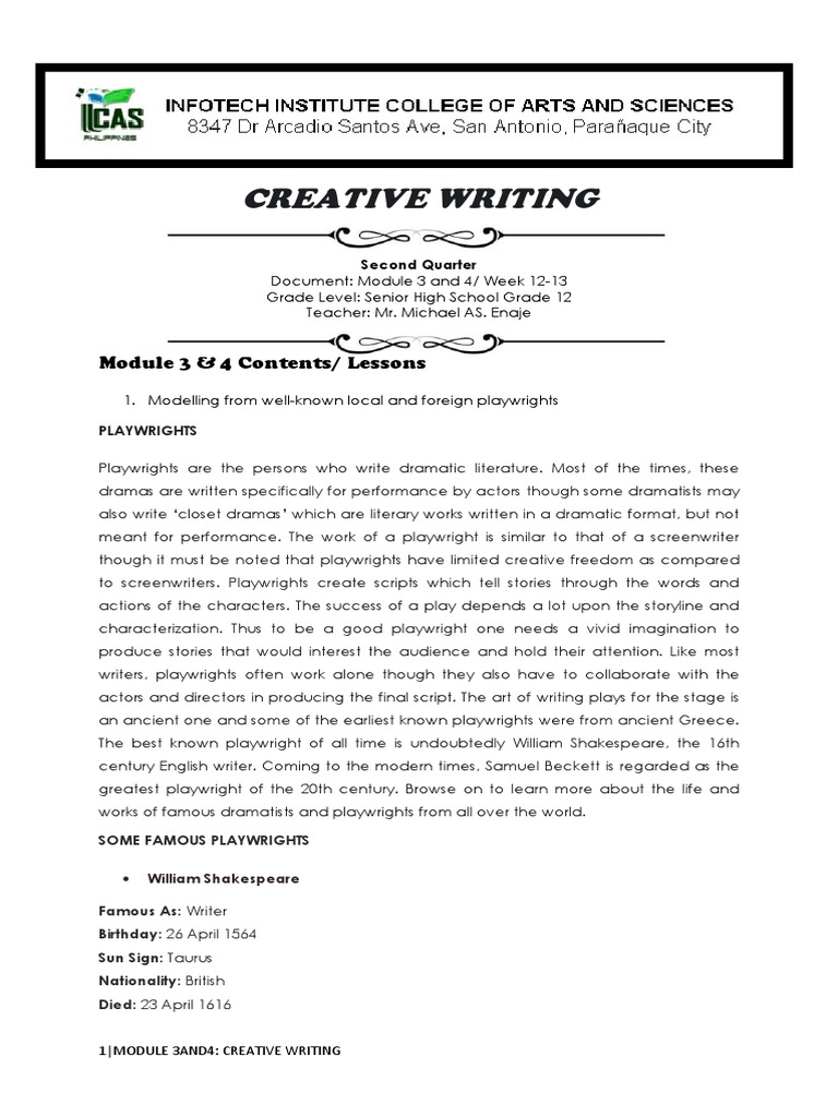 Creative Writing Module 3and4 2ND Q | PDF | Playwright | Writers
