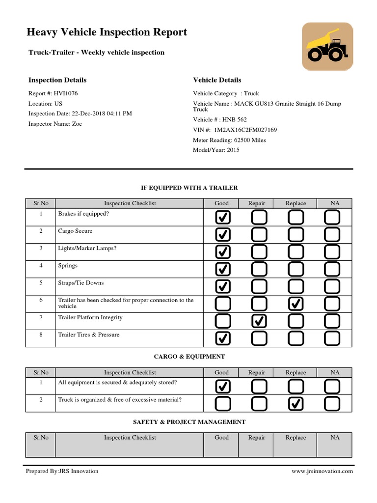 Heavy Vehicle Inspection Report | PDF | Truck | Vehicles