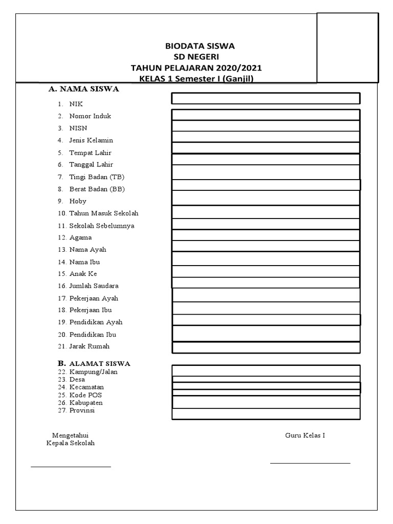 Format Data Siswa Kelas 1 | PDF