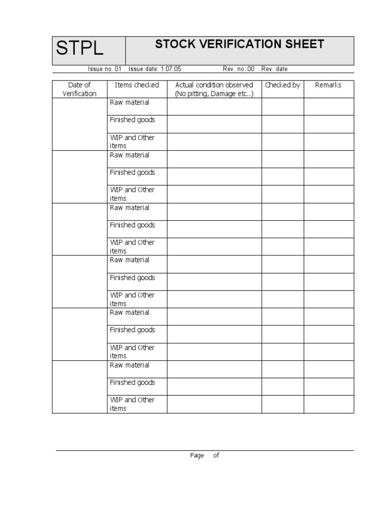 Stock Verification Report Template | PDF